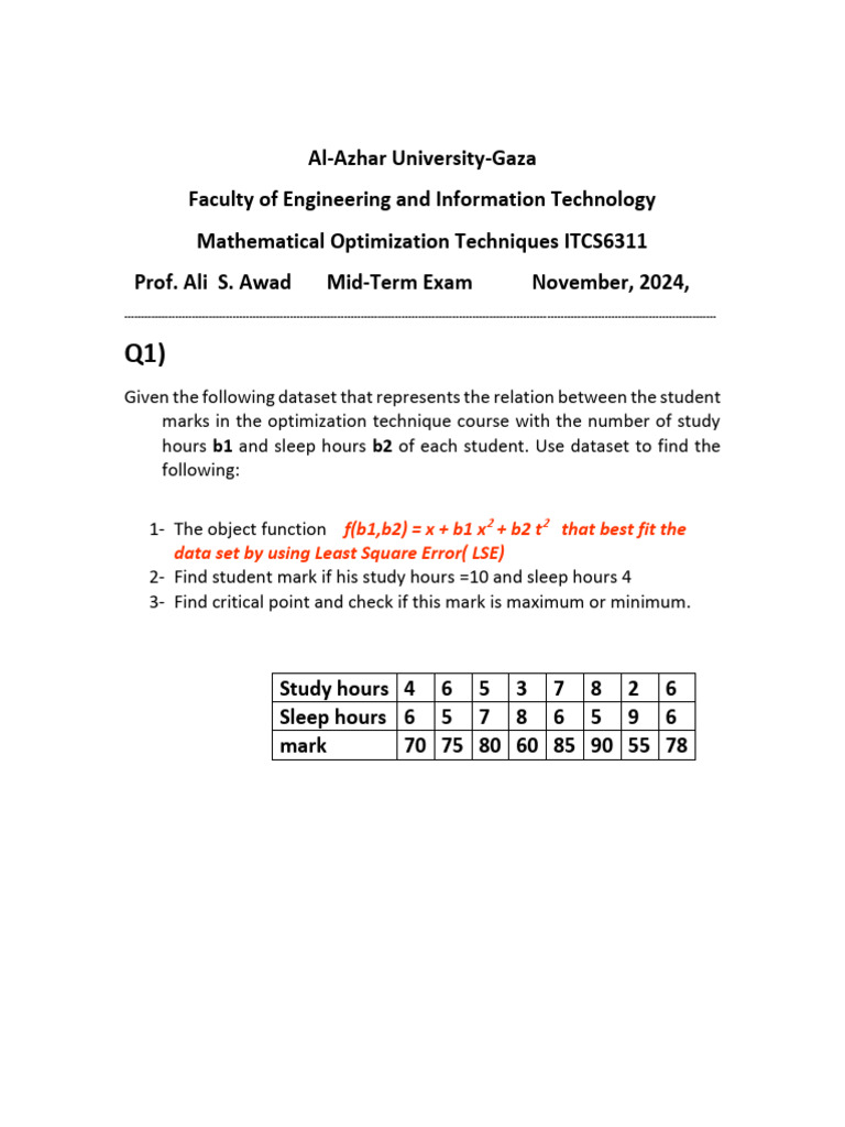 Mid-Term Exam on Optimization Techniques | PDF | Computational Science ...
