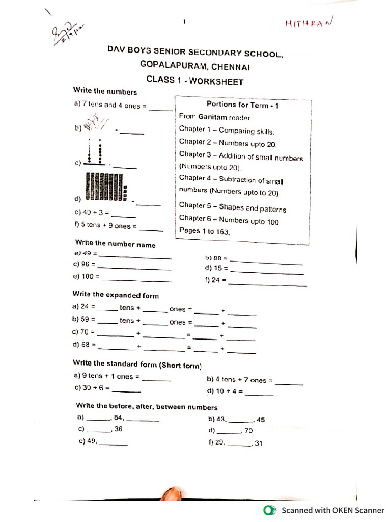 Maths Work Sheet-1 Class 1 Term 1 | PDF