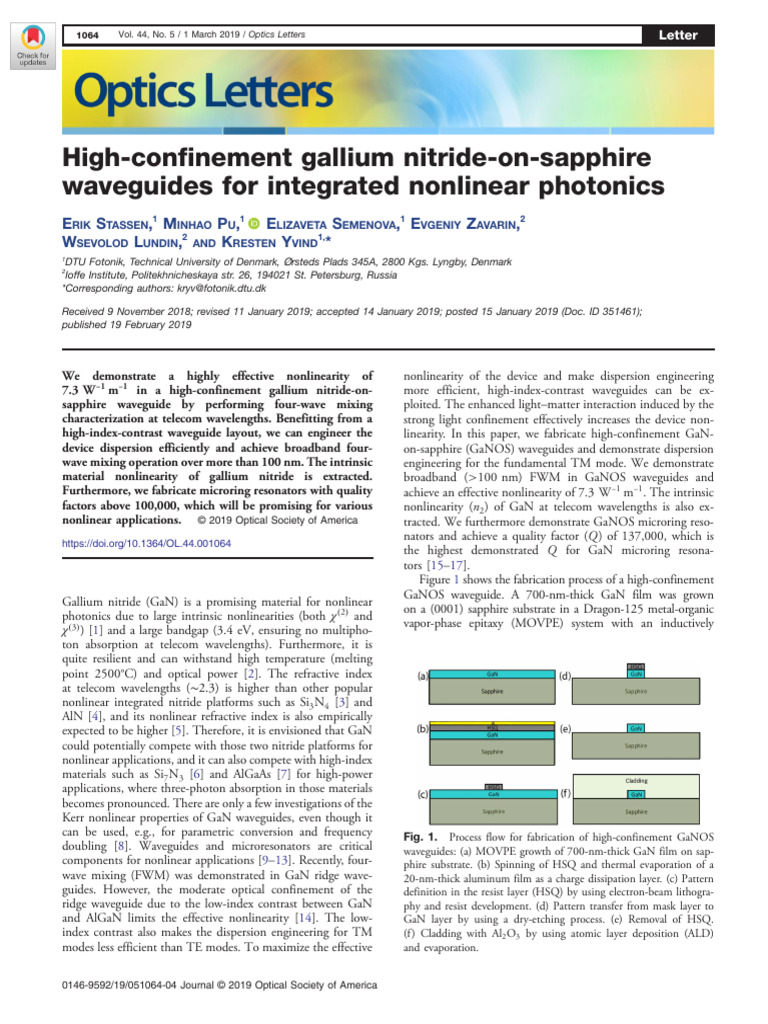 High-Confinement Gallium Nitride-On-sapphire Waveguides For Integrated Nonlinear Photonics | PDF ...