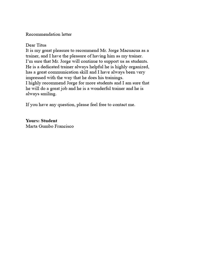 Recommendation for Trainer Jorge Macuacua | PDF