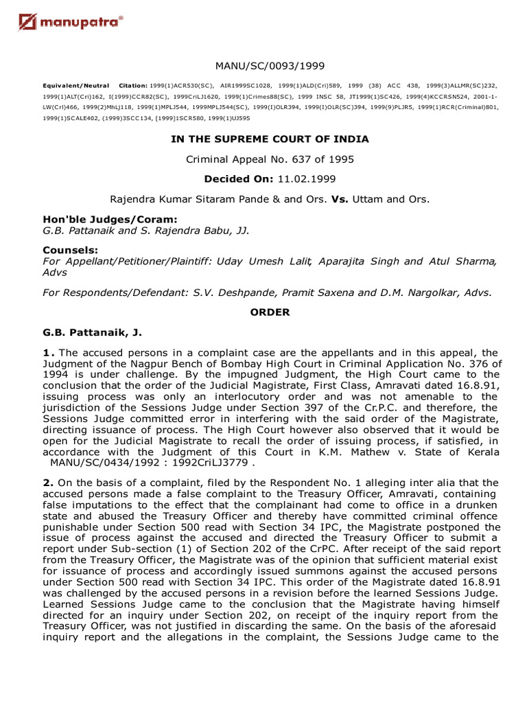 Rajendra Kumar Sitaram Pande and and Ors Vs Uttam 1121s990709COM47644 ...