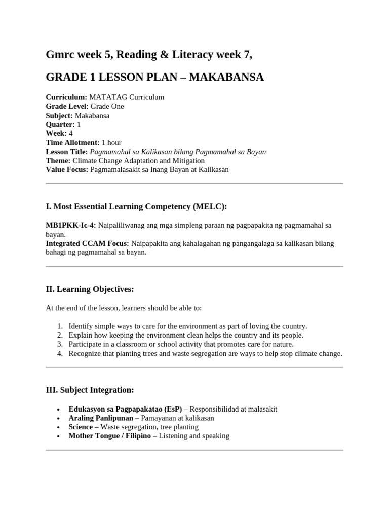 Grade 1 Lesson Plan With Ccam Integration | PDF