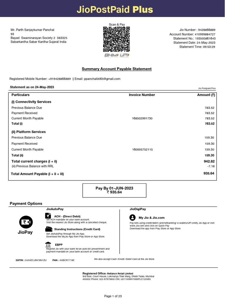 Jio bill | PDF | Debit Card | Payments