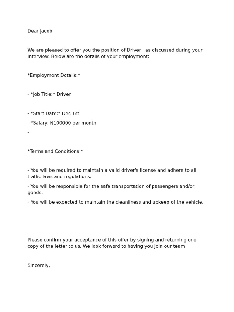 Driver Job Offer Details for Jacob | PDF