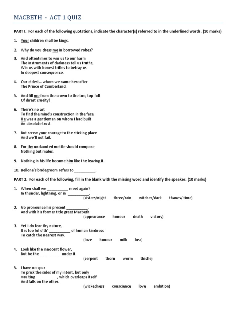 Act 1 Quiz | Download Free PDF | Macbeth | Tragedy Plays