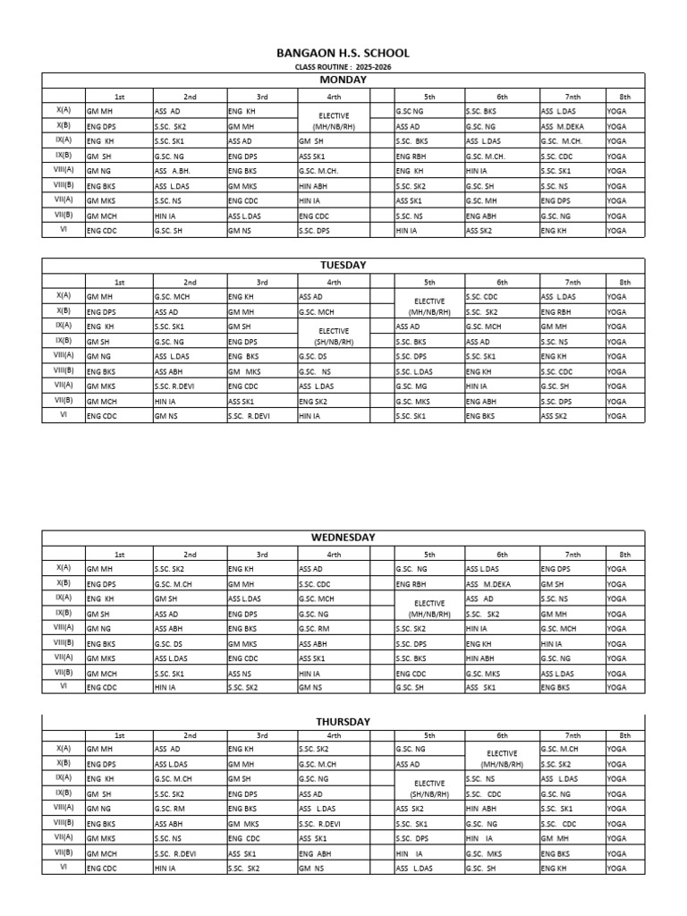 Bangaon H.S. School Class Routine 2025-2026 | PDF