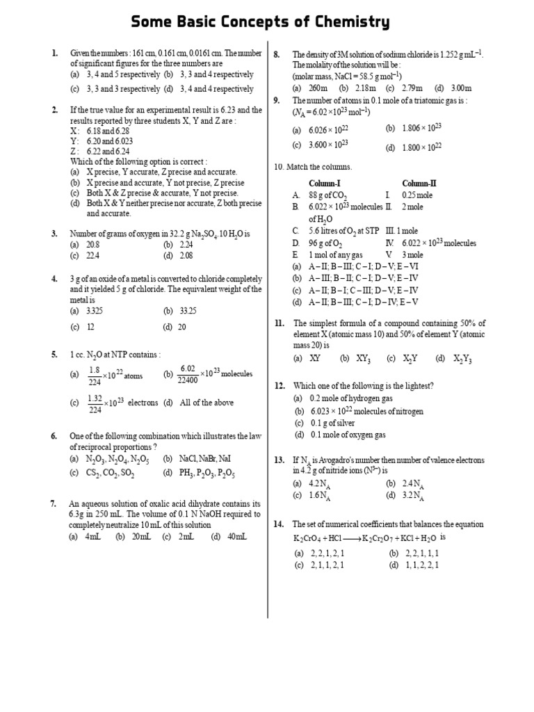 Some Basic Concepts of Chemistry-Test-01 | PDF | Mole (Unit) | Oxide