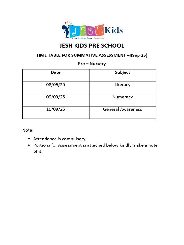 Time Table Sheet - Pre Nursery | PDF