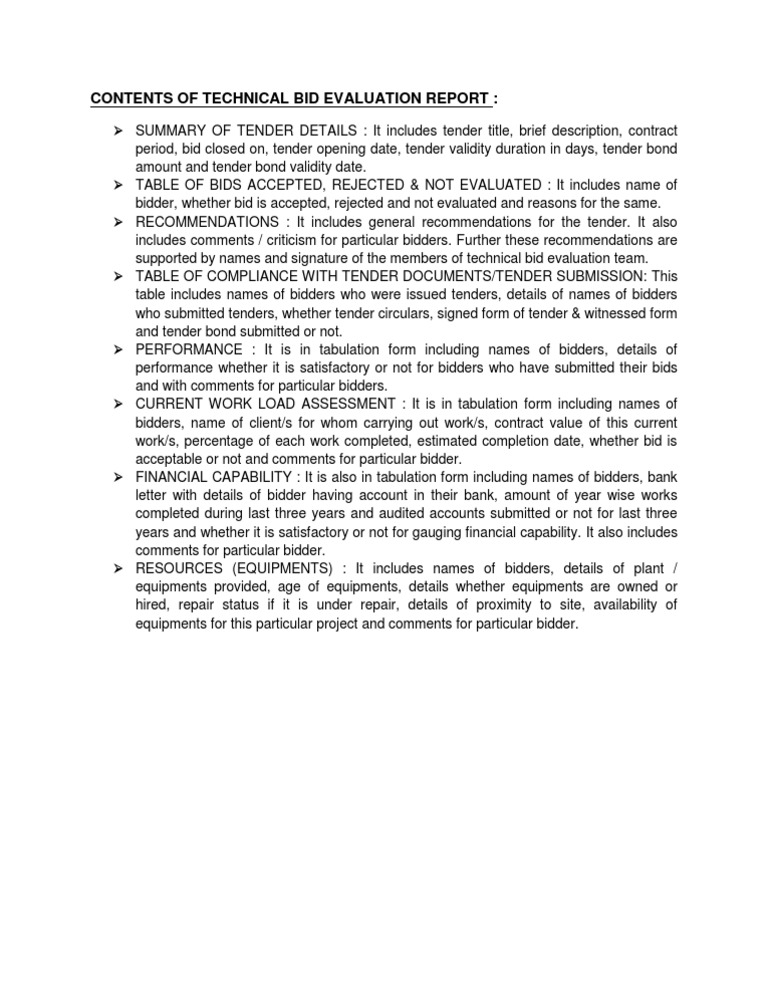 Contents Of Technical Bid Evaluation Report
