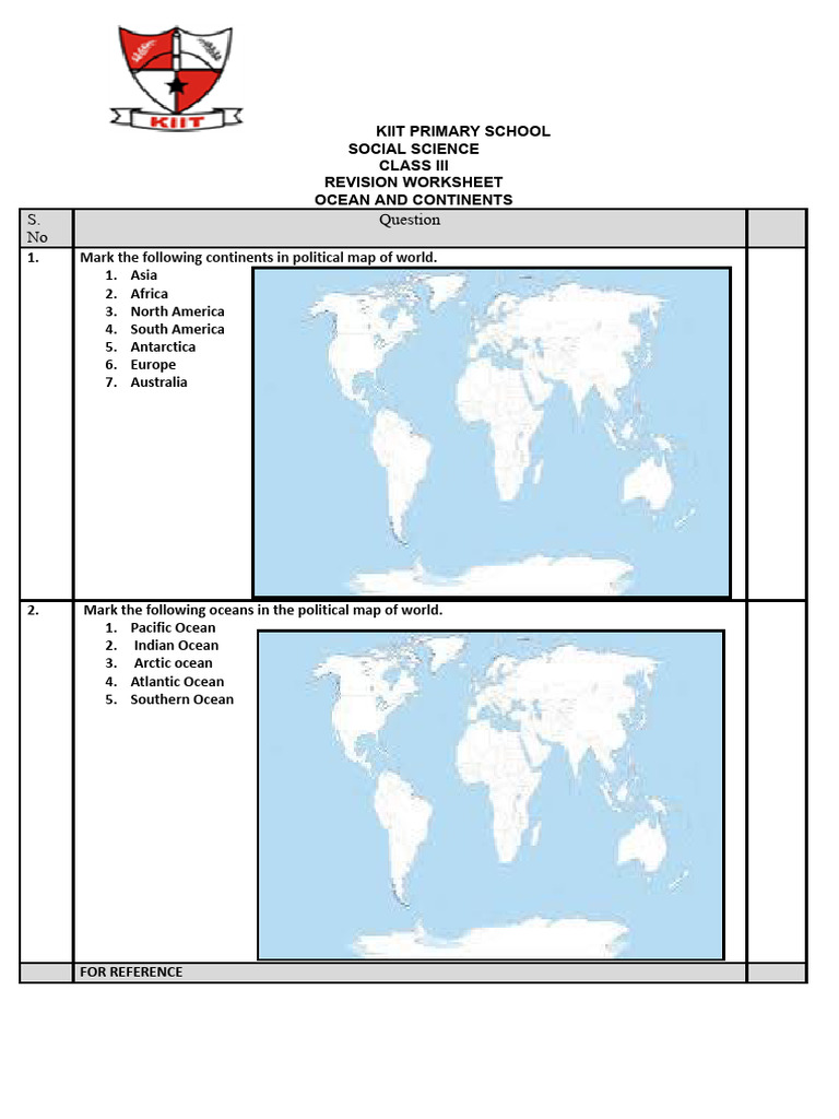 Class III Ocean and Continents Worksheet | PDF