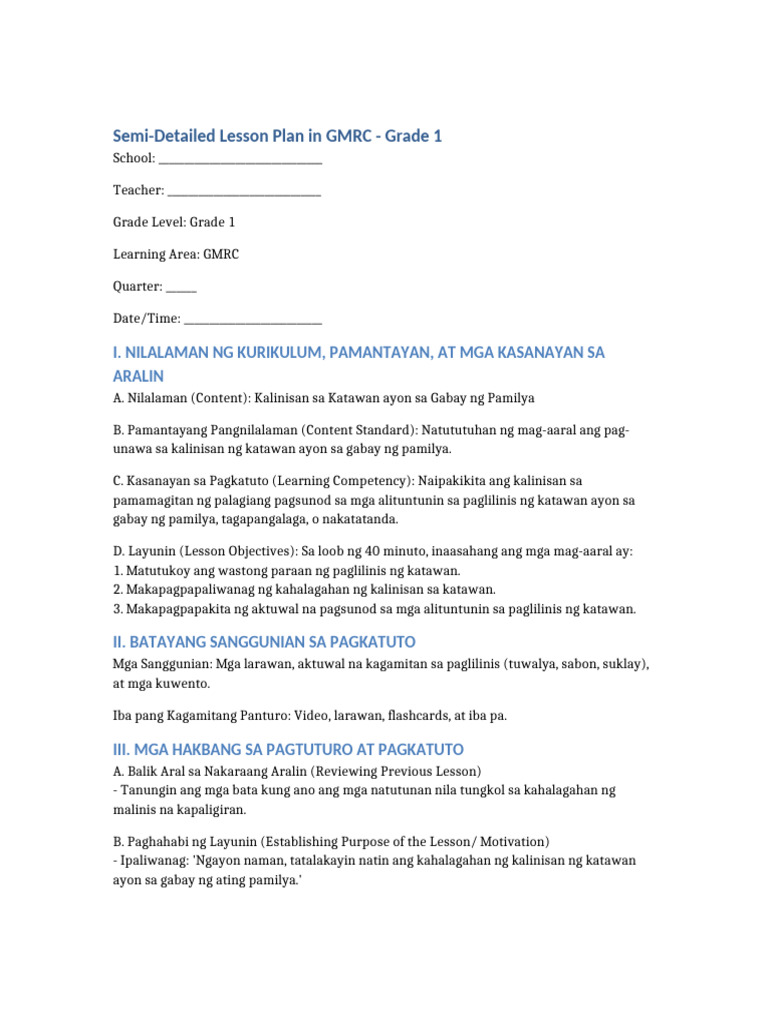 GMRC Grade1 SemiDetailedLessonPlan Filled | PDF
