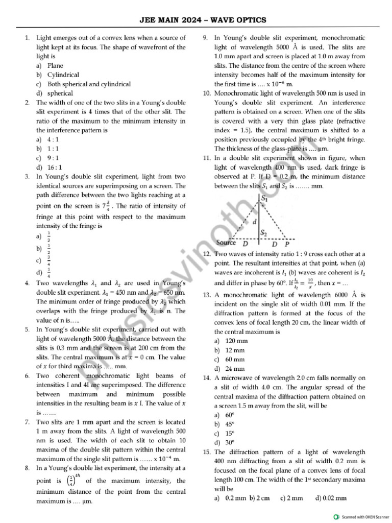 Wave Optics JEE 2024 QP With Solutions - Watermark | PDF