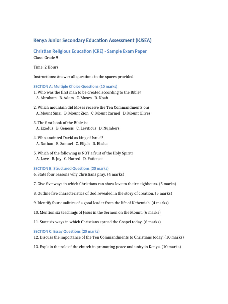 KJSEA CRE Sample Exam for Grade 9 | PDF | Ten Commandments | Book Of ...