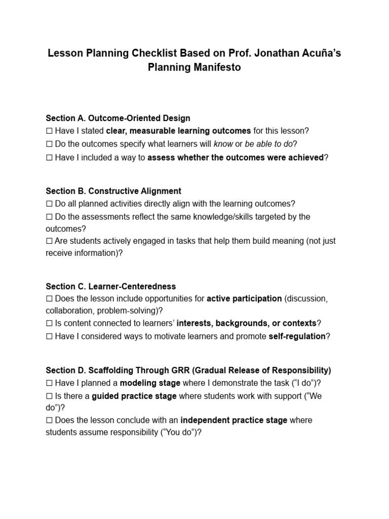 Lesson Planning Checklist Based On Prof. Jonathan Acuña's Planning ...