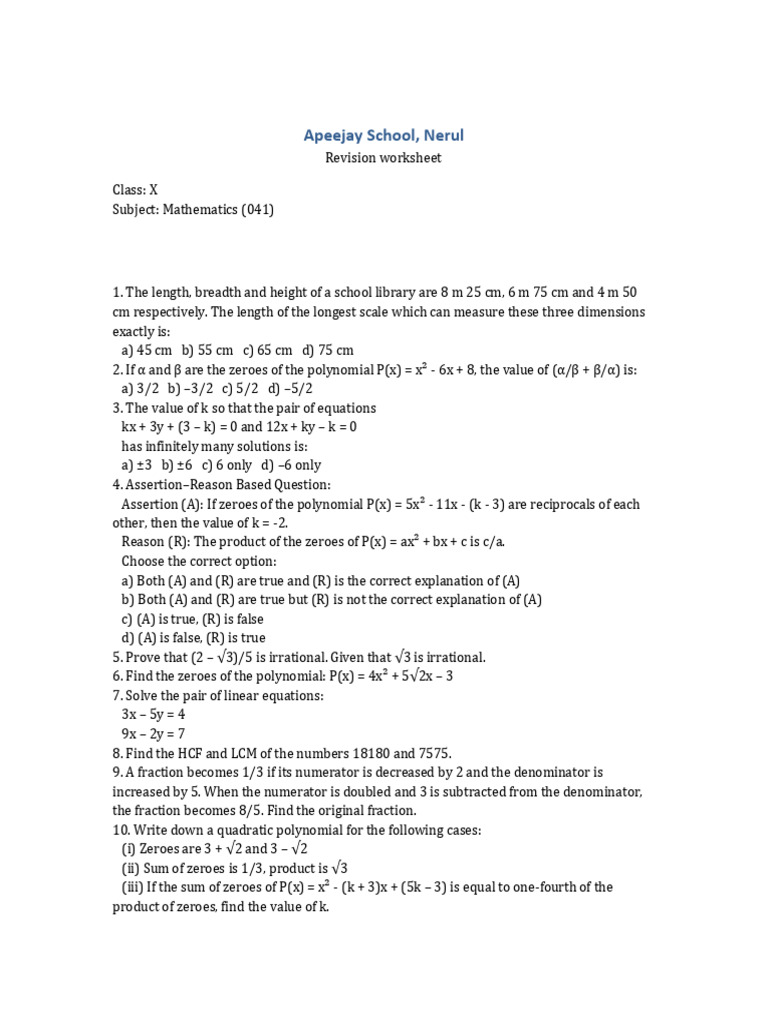 Class 10 Math Test Questions | PDF