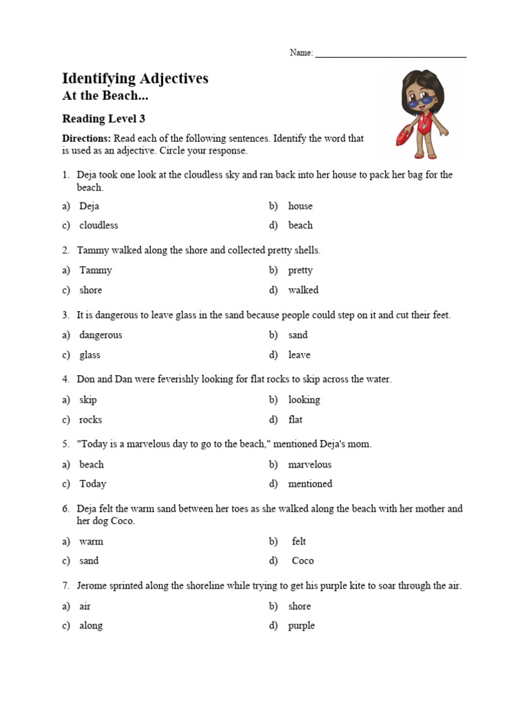Identifying Adjectives Worksheet Reading Level 03 | PDF