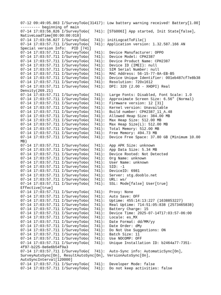SurveyToGo App Device Log Details | PDF | Proxy Server | Computer File