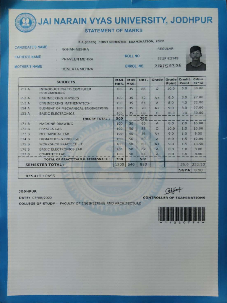 Rohan Mehra's Mining Engineering Marksheet | PDF | Mining | Engineering