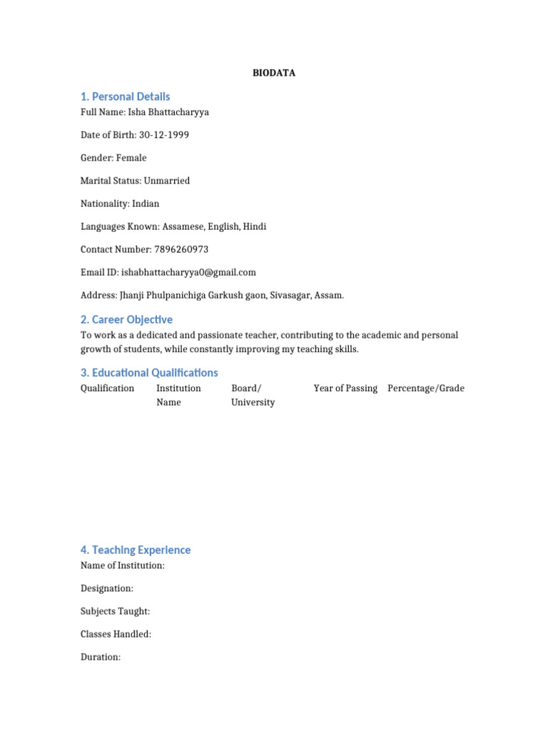 Biodata Teaching Job 1 | PDF
