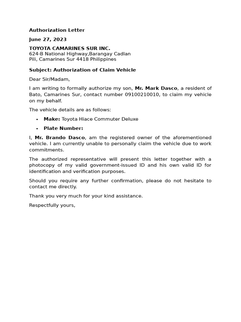 Vehicle Claim Authorization Letter | PDF