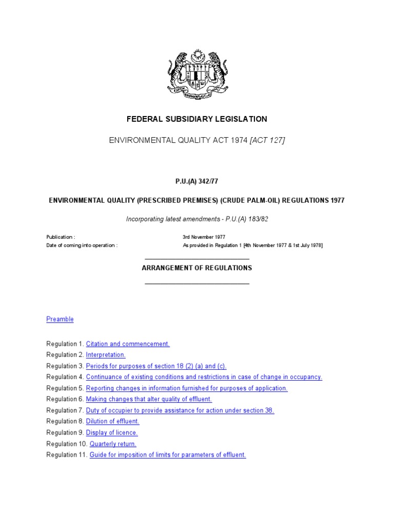 Federal Subsidiary Legislation: Environmental Quality Act 1974 (Act 127 ...