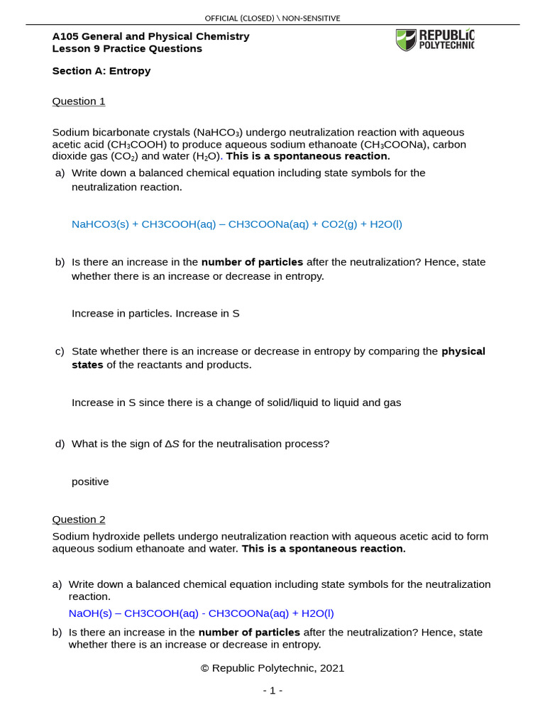 A105 General and Physical Chemistry Lesson 9 Practice Questions Section ...