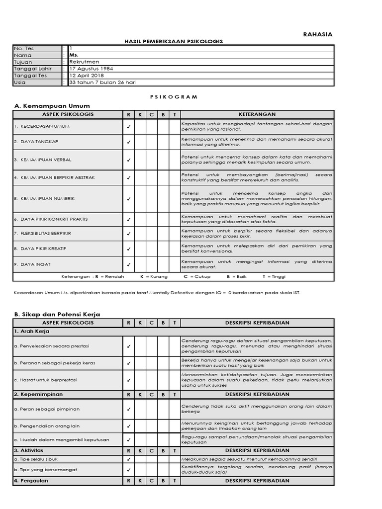 Hasil Tes Psikologi dan Kecerdasan Umum | PDF