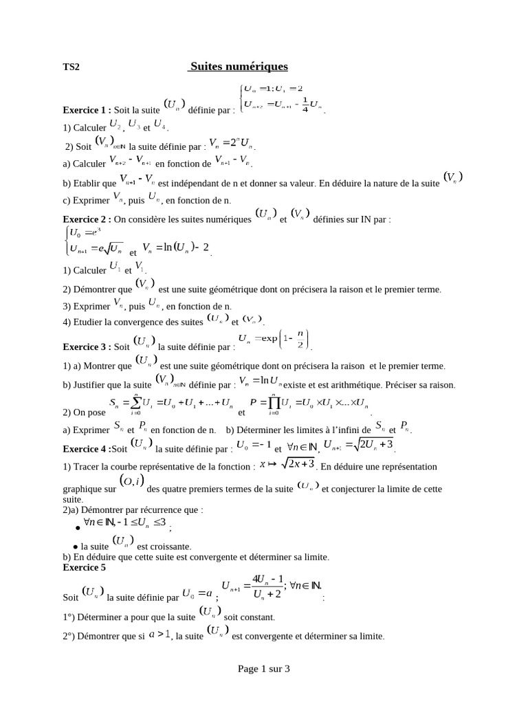 Exercices sur les suites numériques et leur convergence | PDF ...