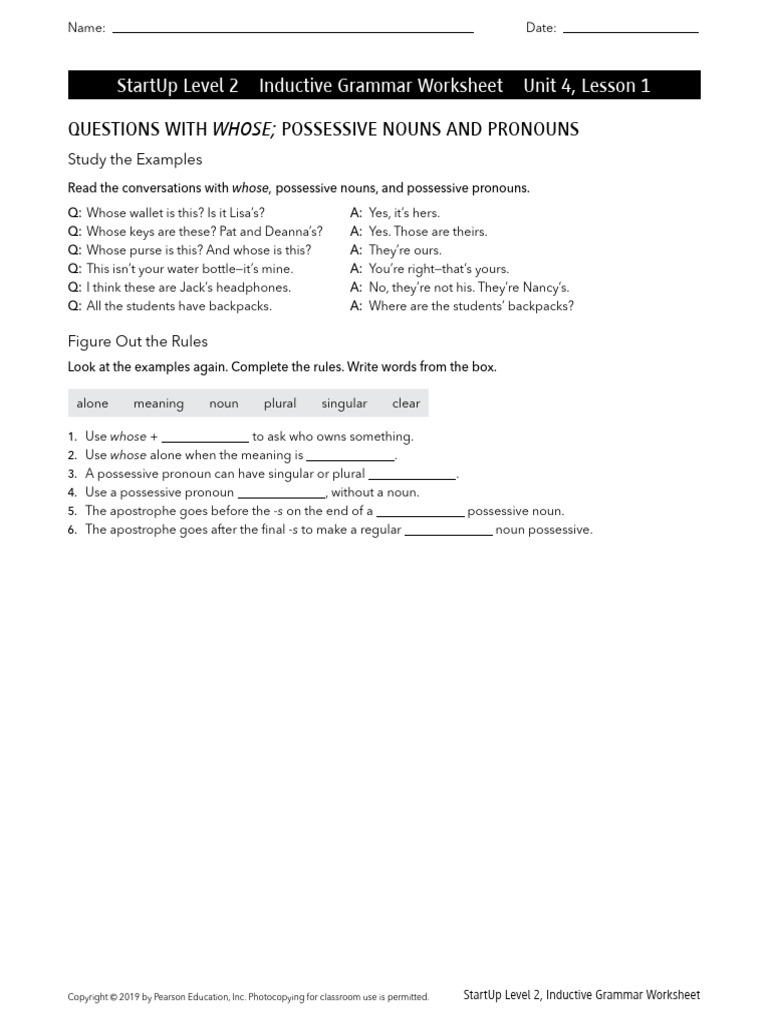 Inductive Grammar Worksheet: Possessives & Comparatives | PDF | Pronoun ...