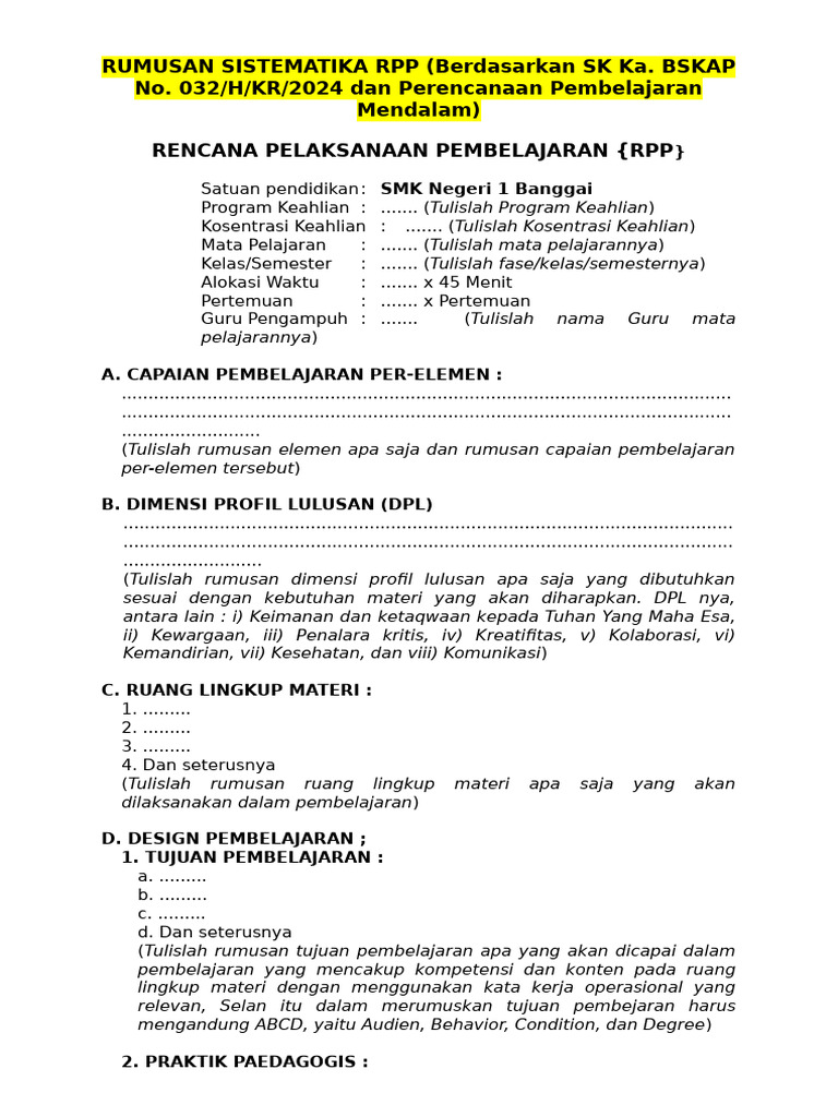 Draf Rumusan Sistematika RPP 2024 | PDF