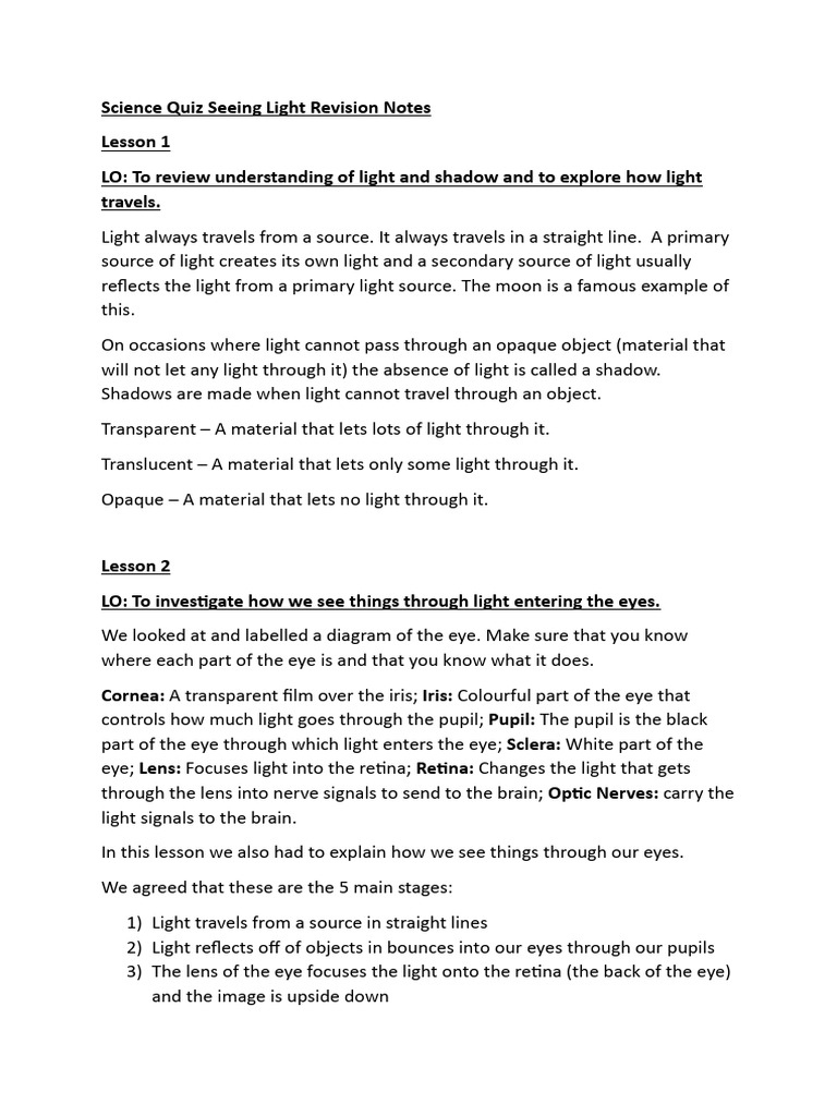 Science Quiz Seeing Light Revision Notes PD | PDF | Rainbow | Light