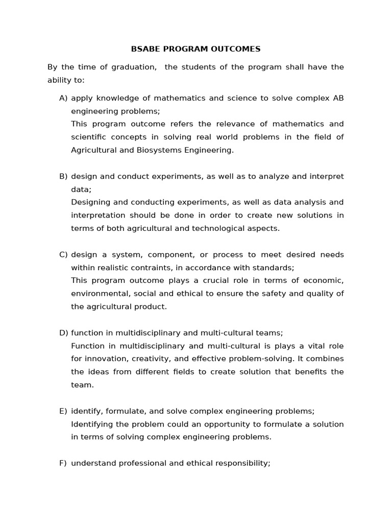 BSABE Program Outcomes-Edited | PDF | Engineering | Science