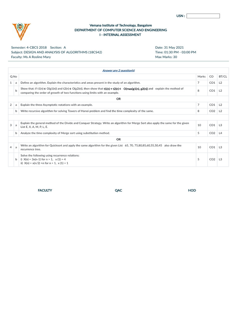 18cs42 Daa Ia1 Qp | PDF | Algorithms | Mathematical Logic