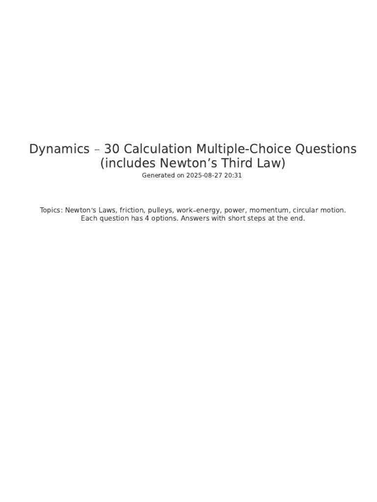 Dynamics 30 MCQ Calculations | PDF | Force | Motion (Physics)