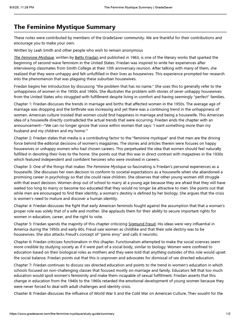 The Feminine Mystique Summary - GradeSaver | PDF | Woman | Feminism