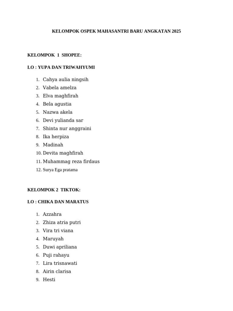 Kelompok Ospek Mahasantri Baru Angkatan 2025 | PDF