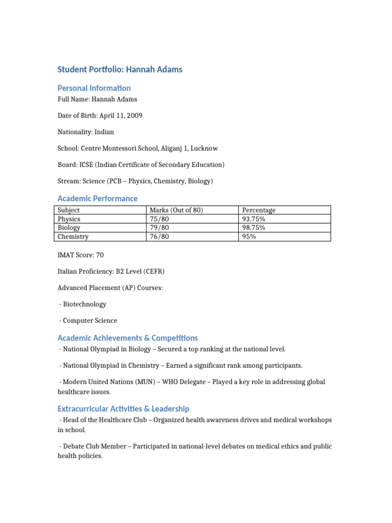 Hannah Adams Student Portfolio | PDF | Science | Advanced Placement