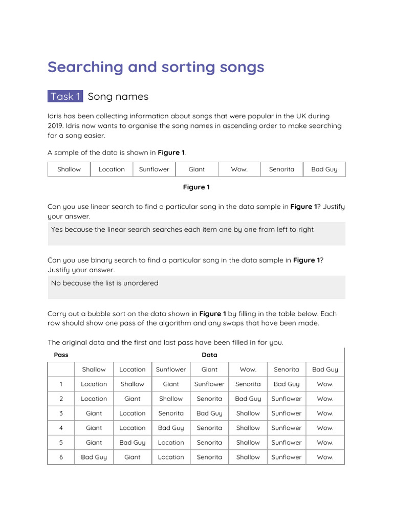 A2 Worksheet - Searching and Sorting Songs | PDF | Computer Programming ...