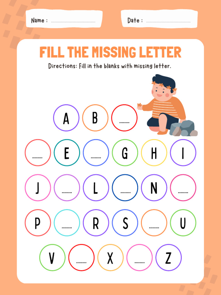 Fill in Missing Alphabet Letters Worksheet in Colorful Simple Style | PDF