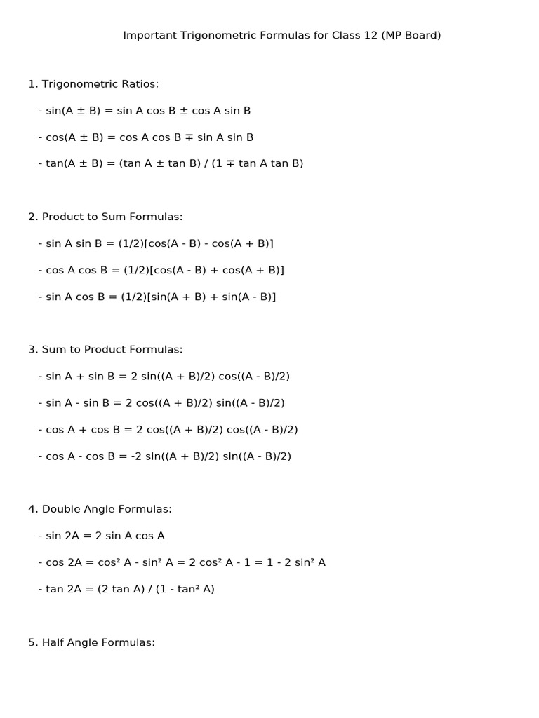 Trigonometric Formulas Class12 MPBoard Unicode | PDF