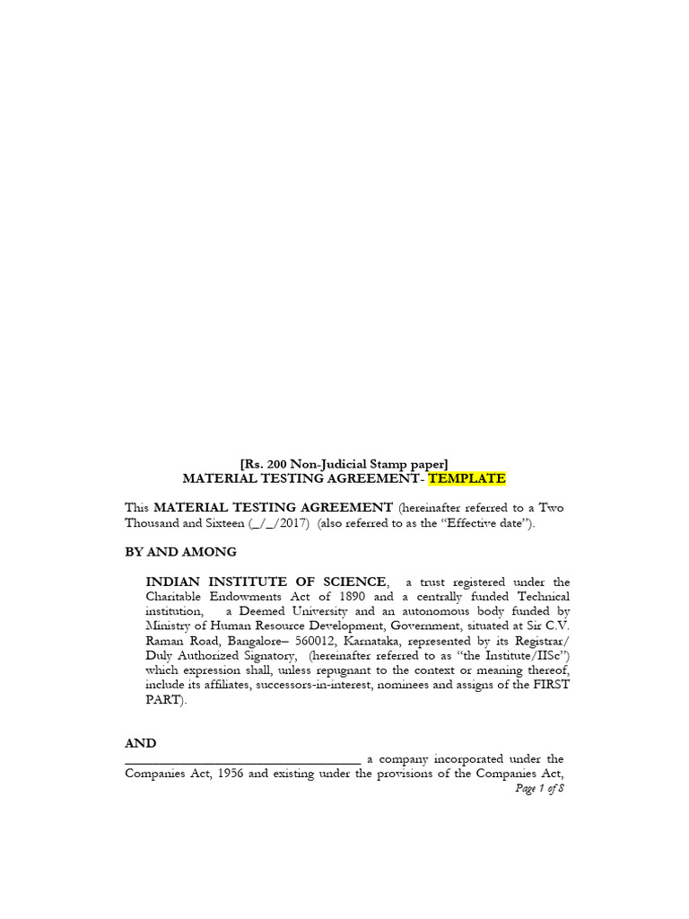 Material Testing Agreement | PDF | Indemnity | Arbitration
