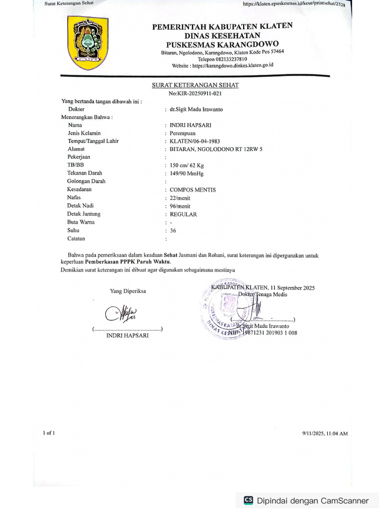 Surat Keterangan Sehat Indri Hapsari | PDF