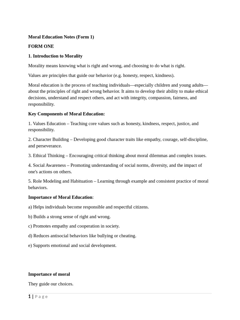 Moral Education Notes for Forms 1-3 | PDF | Morality | Value (Ethics)