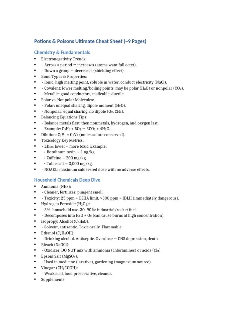 Potions & Poisons Cheat Sheet | PDF | Chemical Polarity | Acetylcholine