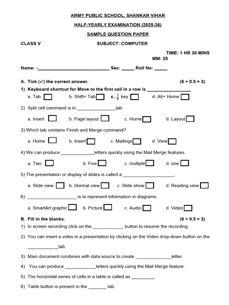 Class 5 Computer Half-Yearly Paper | PDF | Page Layout | Computer Keyboard