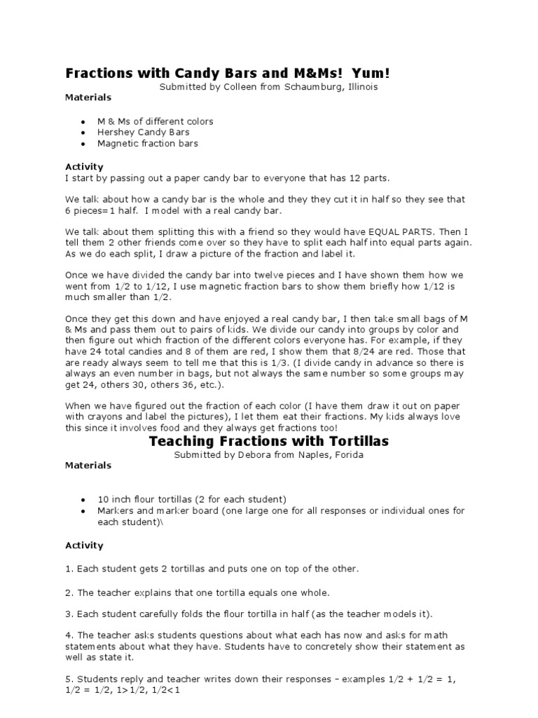 Fractions with Candy Bars and M&Ms! Yum!: An Engaging Lesson Using Real ...