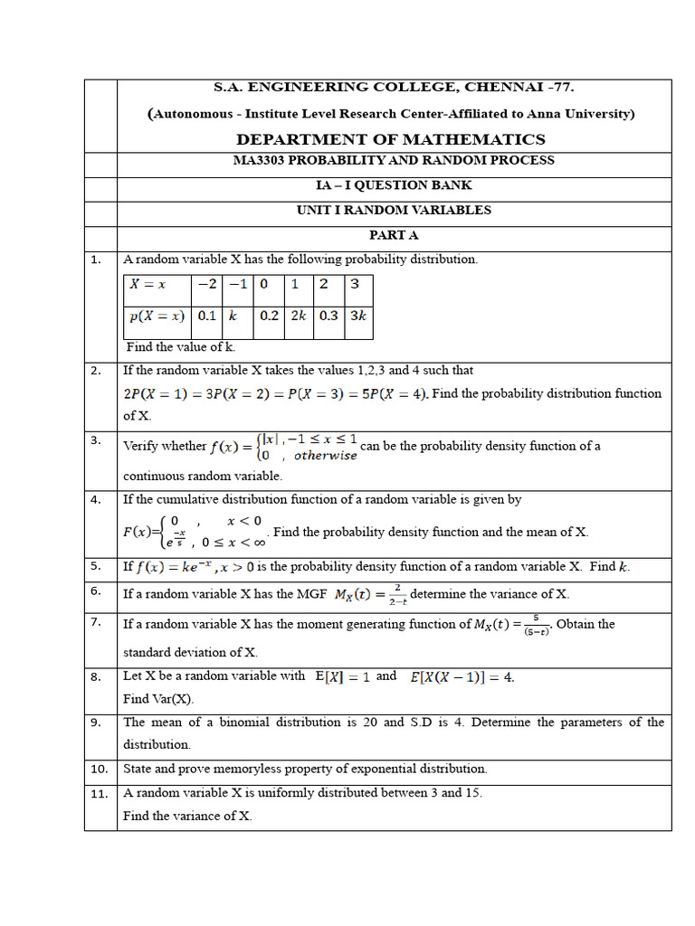 Ma3303 PRP Ia-1 Question Bank | PDF | Probability Density Function | Probability Distribution