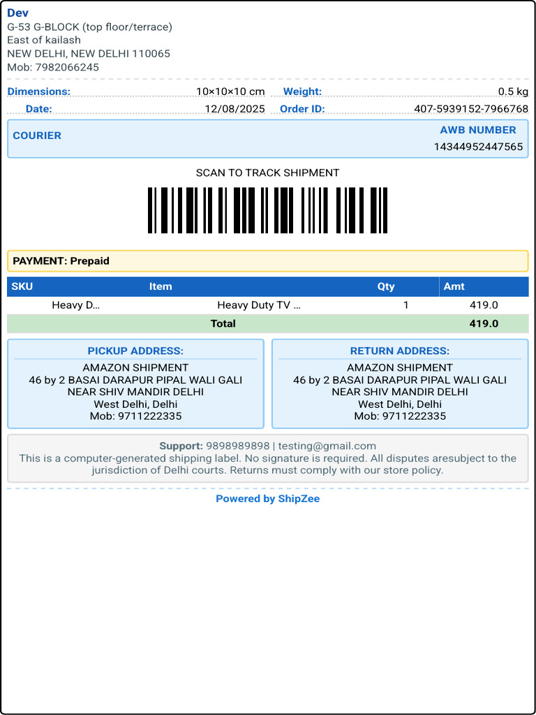 Dimensions: Weight: Date: Order ID: Courier Awb Number: PAYMENT ...