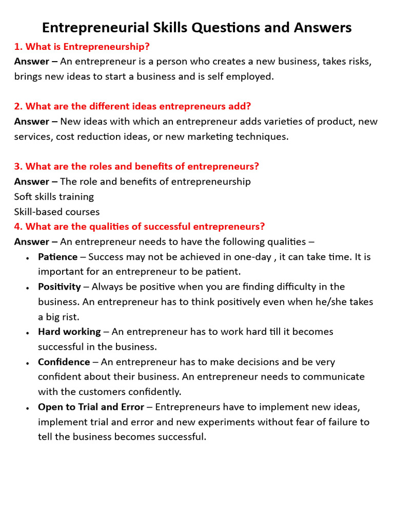 Entrepreneurial Skills Q&A Guide | PDF | Entrepreneurship | Economies