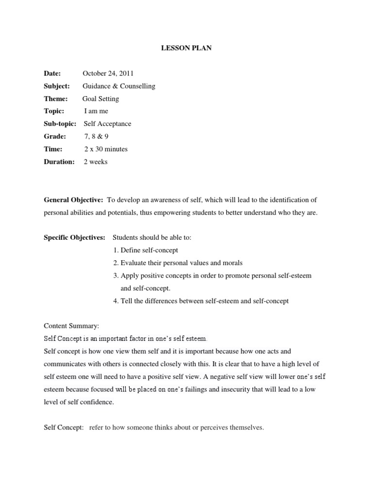 Lesson Plan 1 | PDF | Self Concept | Self Esteem